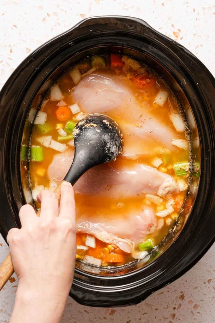 Slow Cooker Chicken and Corn Soup - Nibble and Dine